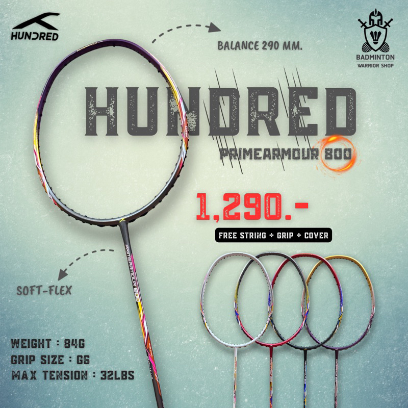 HUNDRED Badminton Racket PRIMEARMOUR 800 Free String Grip Envelope ...