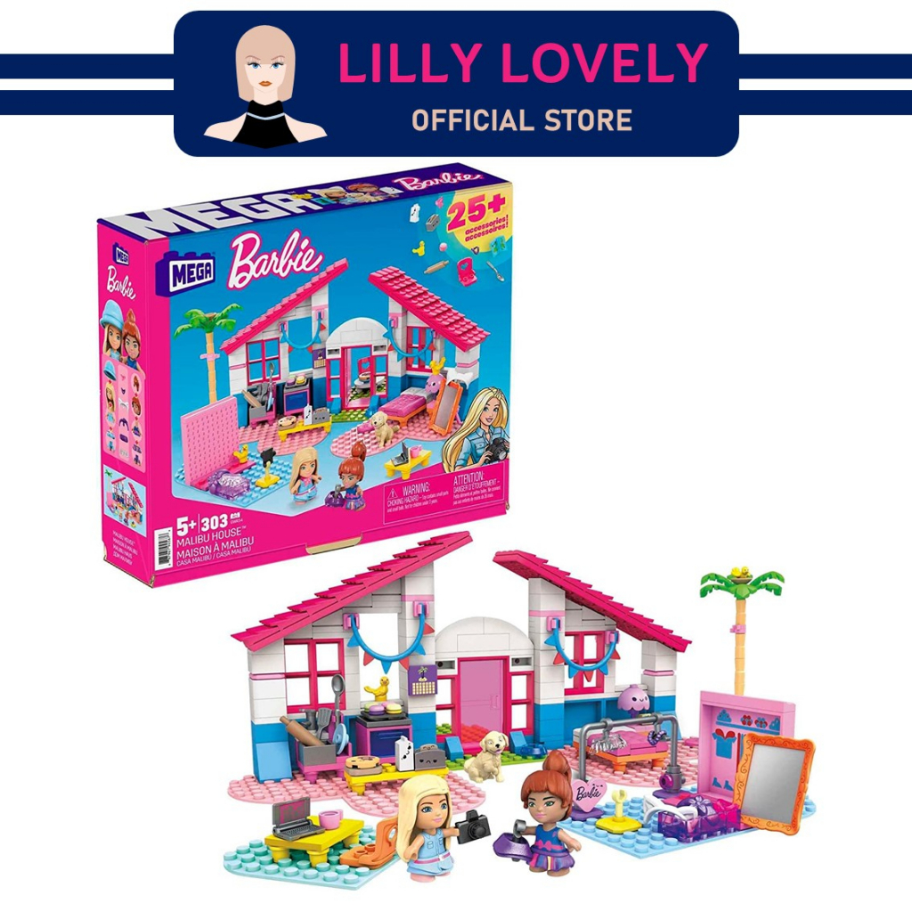 MEGA Barbie Malibu Dream House 303 Pieces Building Blocks 2 Dolls 3 Pet ...