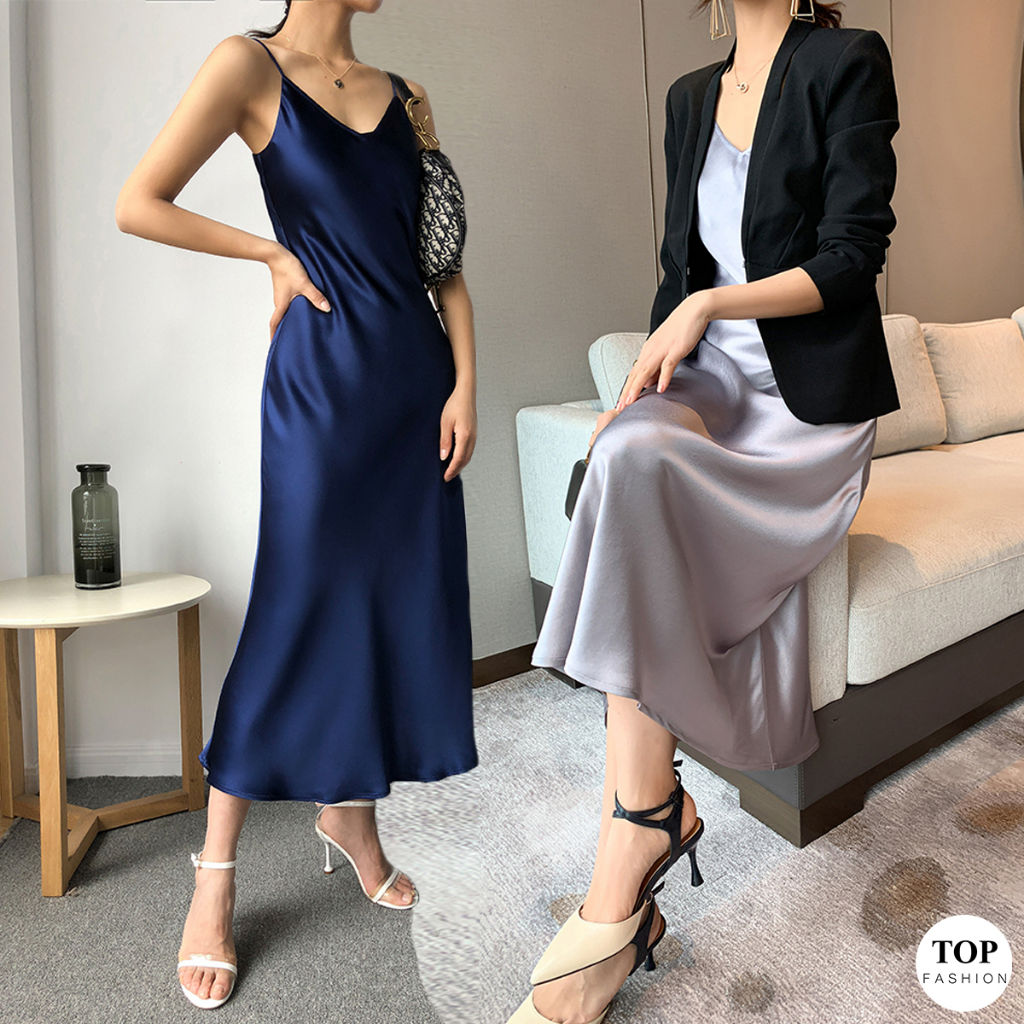 Thai Long Dress Pajamas V-Neckline Stretch Fabric Shiny 7 Colors (Not ...