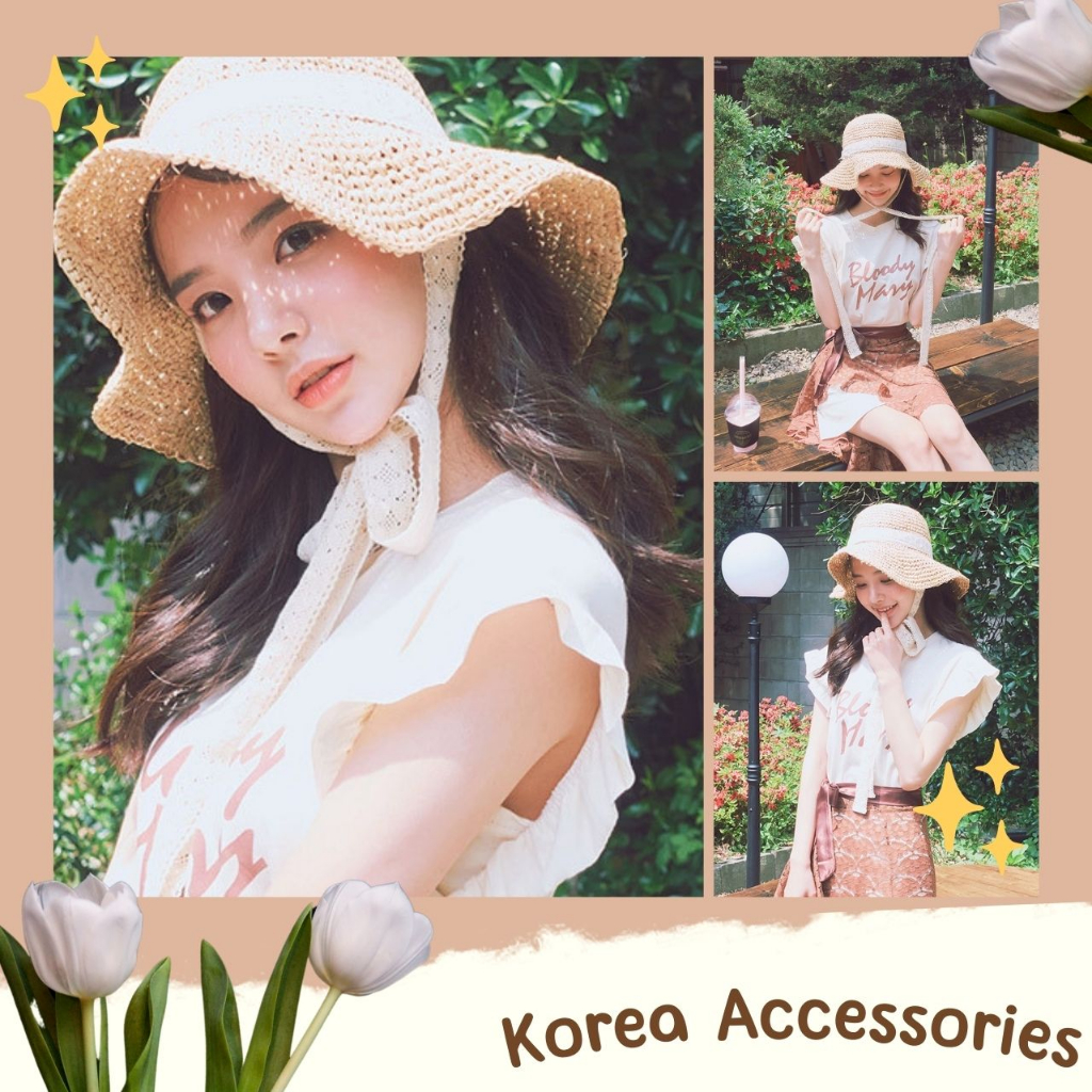 Korean Brown Handmade Straw Hat Summer Fashion Foldable Brim With Chin ...