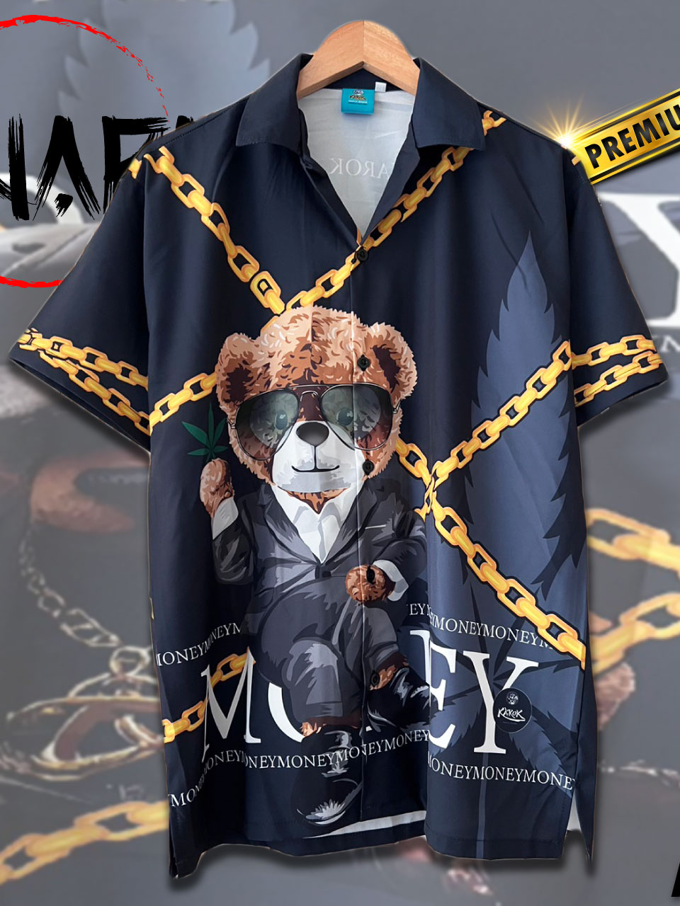 Hawaiian Shirt Gold Chain Black Mafia Bear A976 Pure Italian Silk ...