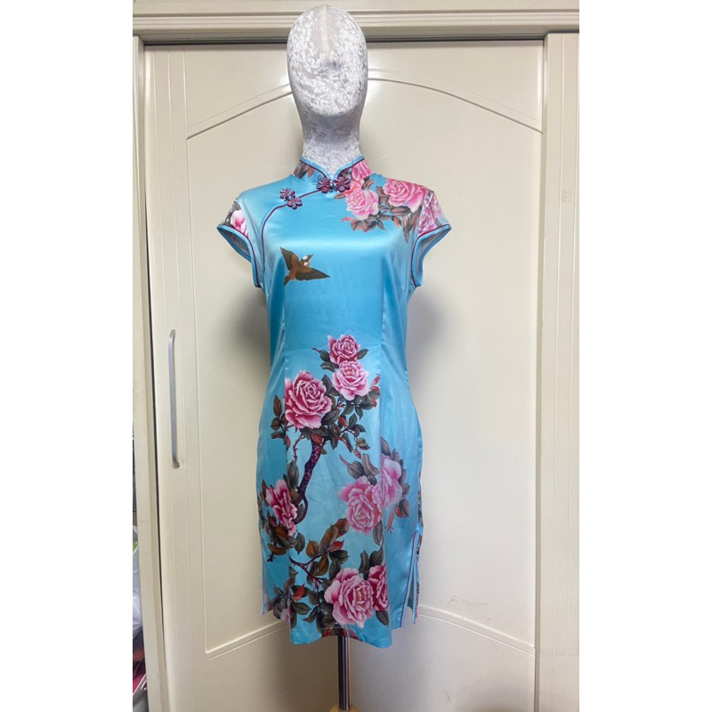 Z.fz Cheongsam Dress. Blue Back Zip Flower Pattern Very Beautiful Cute ...