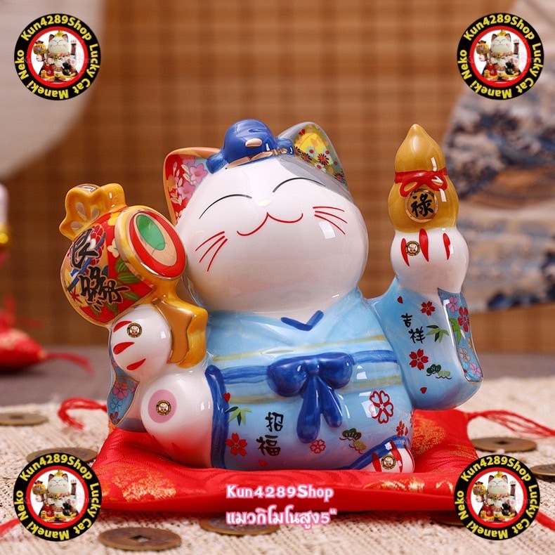 Maneki Neko Beckoning Cat Japanese Lucky 5 Inch Height Blue Kimono ...