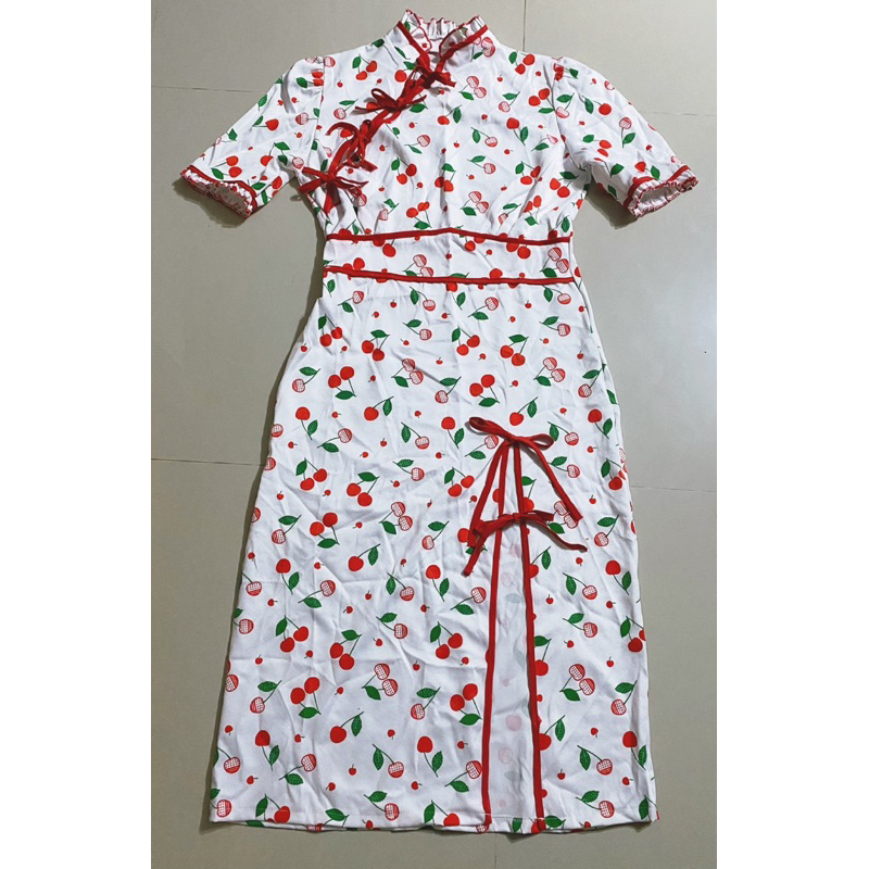 Chinese Dress With Side Slits Cherry Pattern Cute Bright | Shopee ...