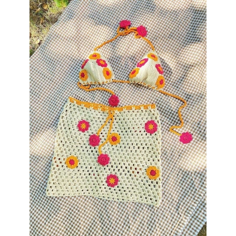 Knitted Yarn Set Bra+Skirt Swimsuit Bra Knitting Bikini Crochet ...
