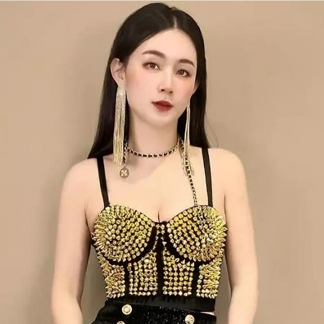 WJ926 Sexy Punk Golden Rivet Bra Top Dancer Singer Shirt Express Available To Send Grab ...