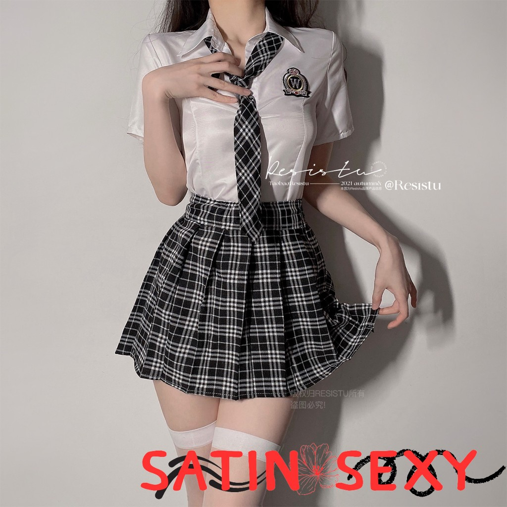 SATIN SEXY School Uniform Cosplay Costume Skirt Large Site M-5xl 40-100kg Plaid With A Tie ...