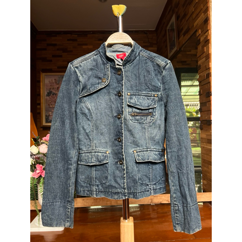 Mandarin Collar Denim Jacket Front Button Work Decorated With Pockets 3 ...