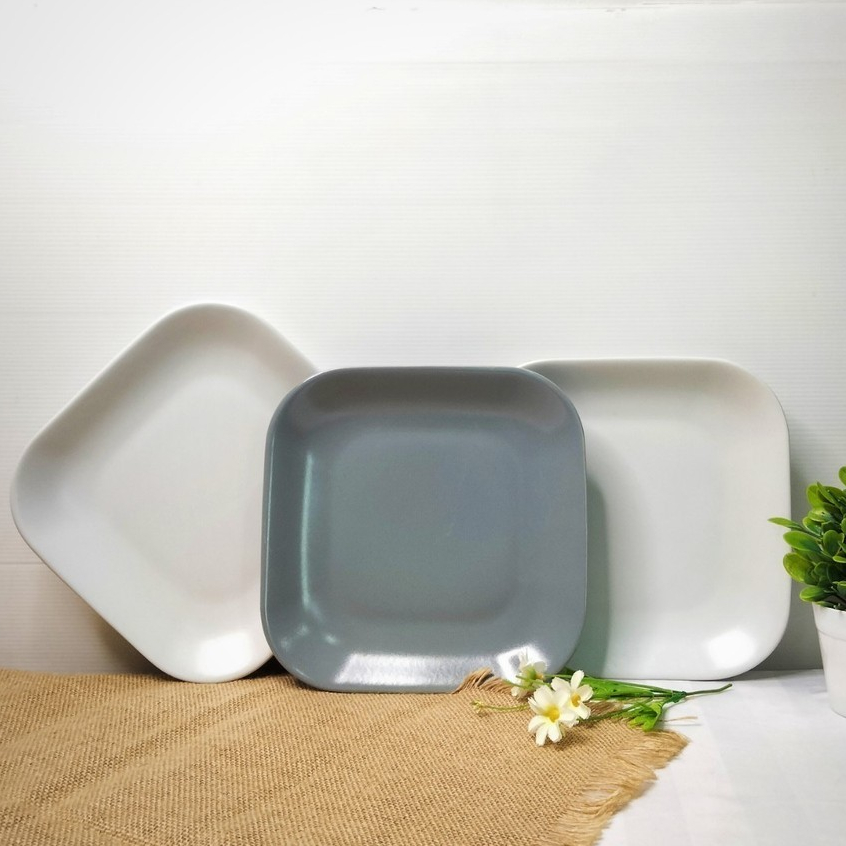 Square Plate Ceramic 8 Inch Shallow White Gray Microwaveable | Shopee ...