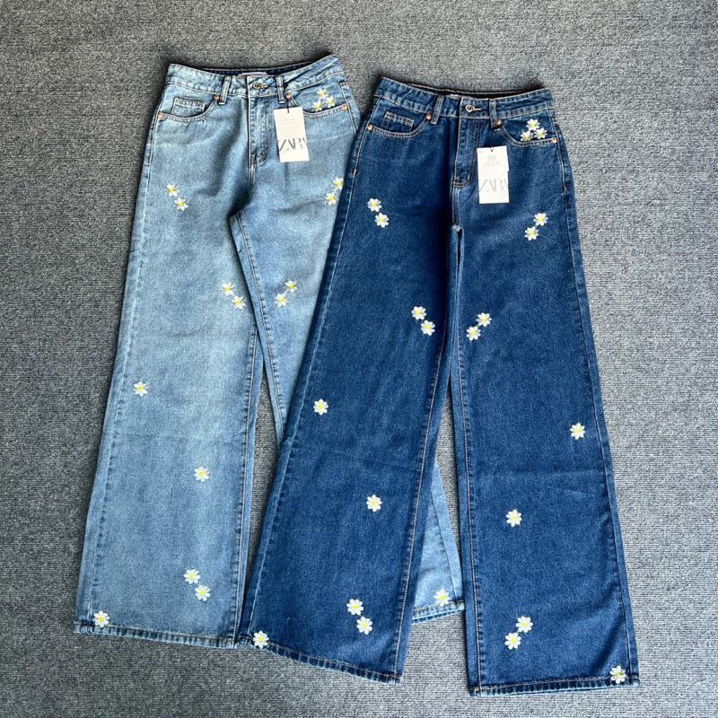 Zara Flower Embroidered Straight Long Jeans | Shopee Philippines