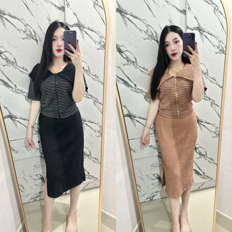 New Set Dress With Front Zips 2 Ways V-Neck Decorated With Collar ...