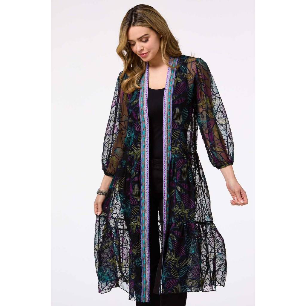 MESH KIMONO Openfront Cloak See-Through Fabric Full Body Embroidery ...