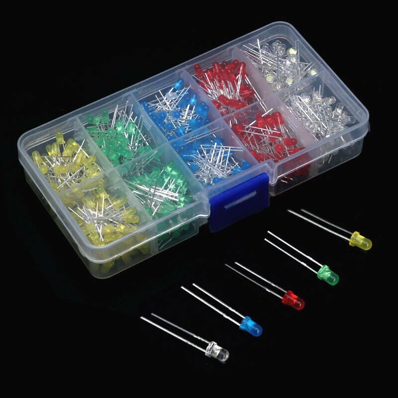500PCS 3MM LED Red Yellow Blue Green And White Light Emitting Diode Box ...
