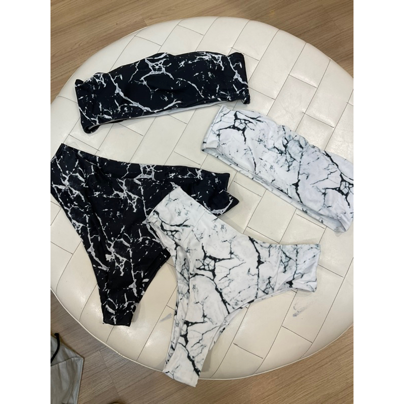 Marble Pattern Bikini Beachwear Black Bra White Sea Sexy Elegant ...