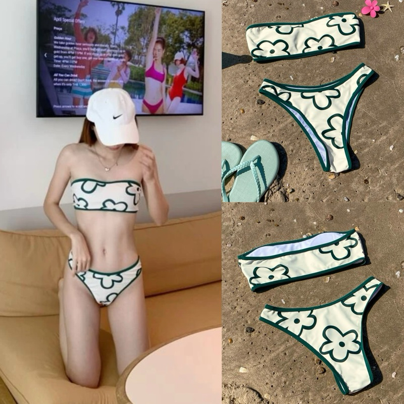 Aitsara Set 2 Pieces Floral Print Stitching Strapless Bikini | Shopee Philippines