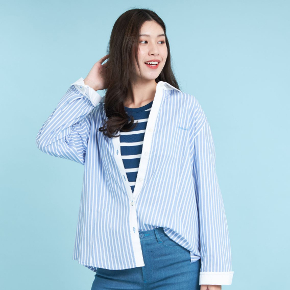 Stephanie Blue And White Long-Sleeved Shirt (OWS24PI) | Shopee Philippines