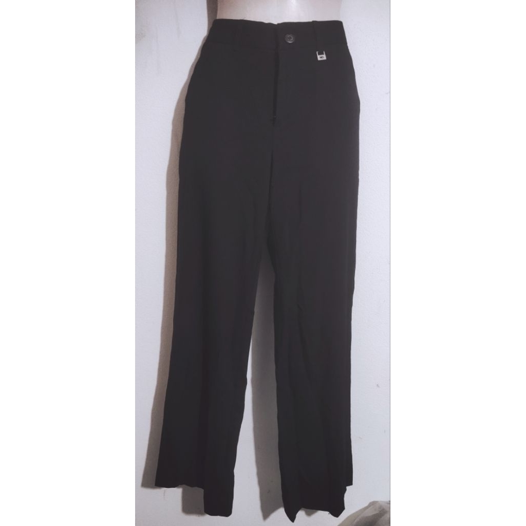 Women's Black Long Pants Wide Legs Mid-Waist Crotch Front Zipper With ...
