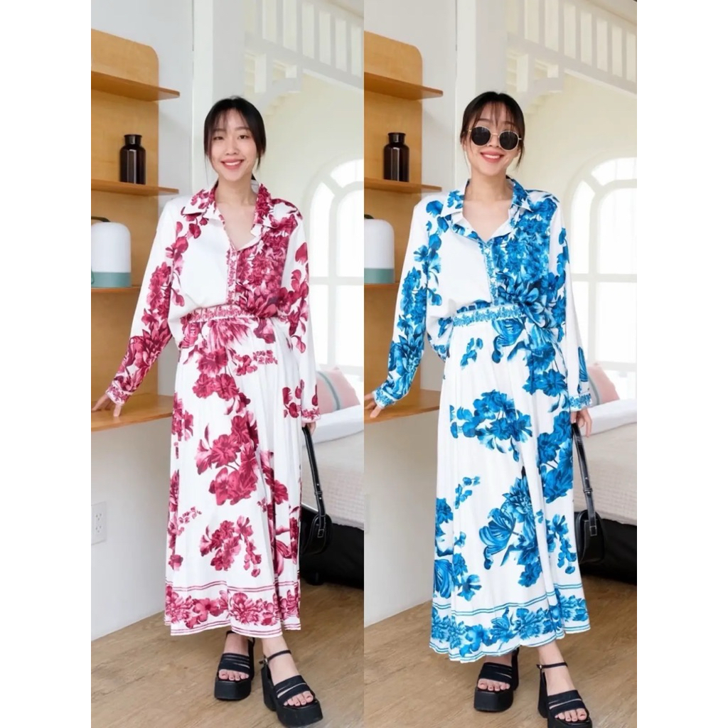 LS679 Set Of Long-Sleeved Shirt + Pleated Skirt Floral Pattern Very ...