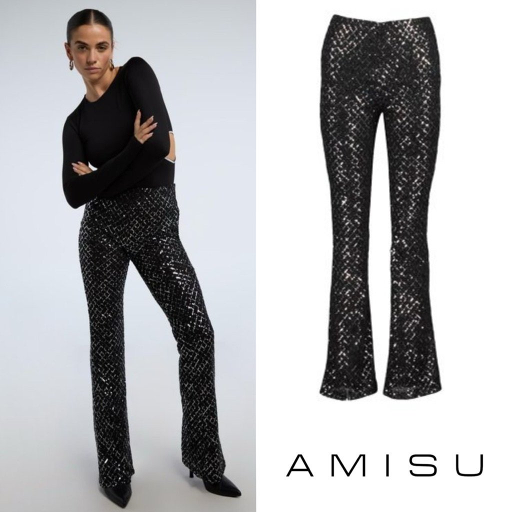 Amisu Black Sequin Embroidered Pants Checkered Pattern Mesh Fabric With ...