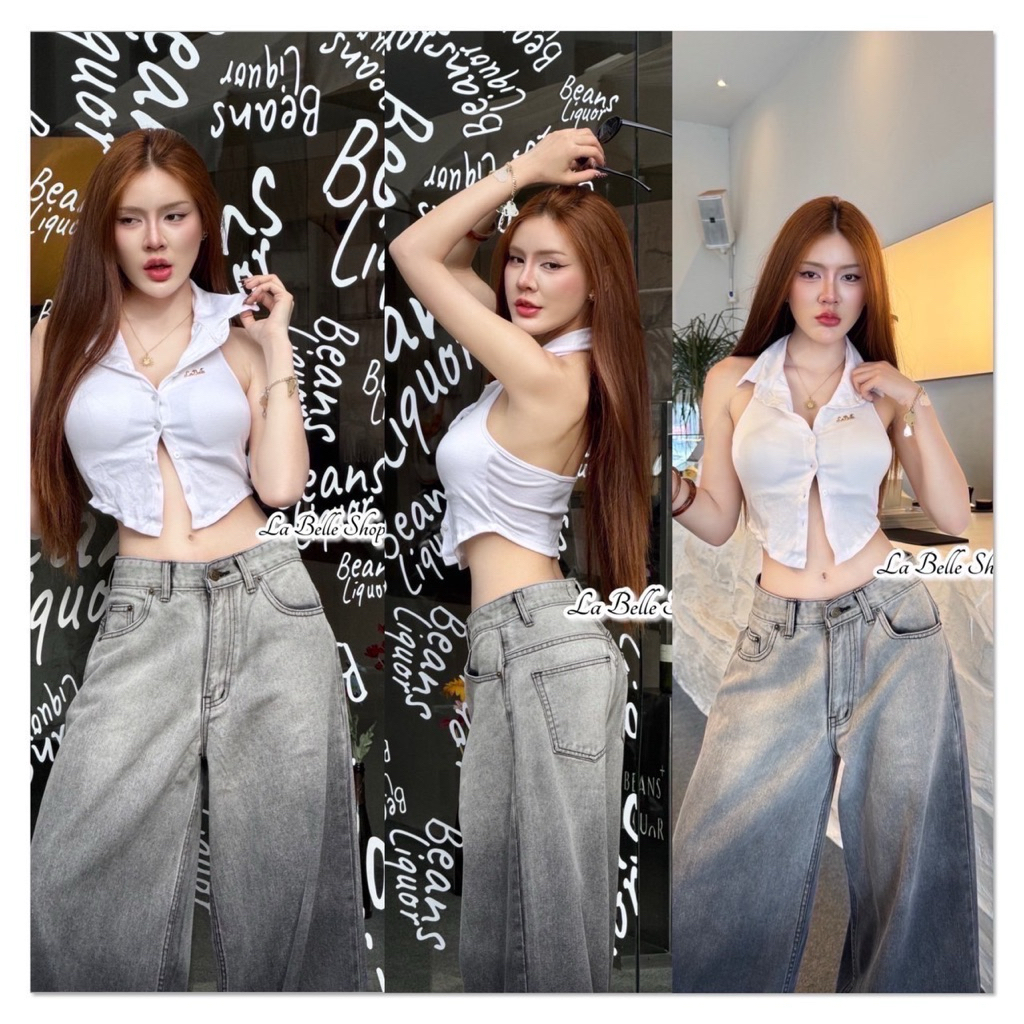 Fashion Shirts Crop Models Tops Buttoned Collar Front Decorated With ...