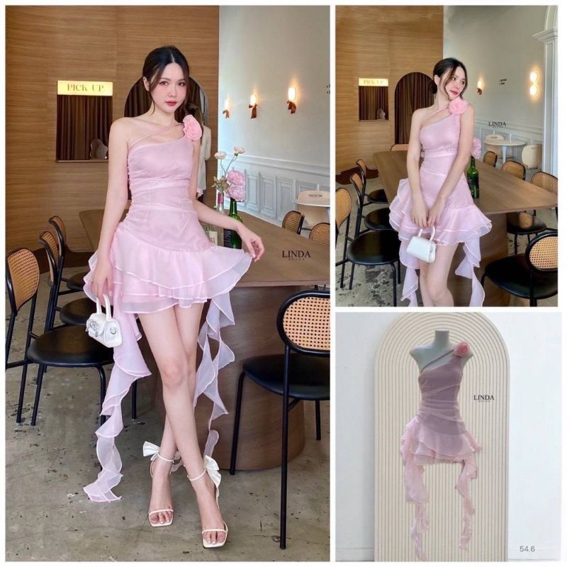 Linda Pink One Shoulder Side Dress With Flower Both Long Skirts Are ...