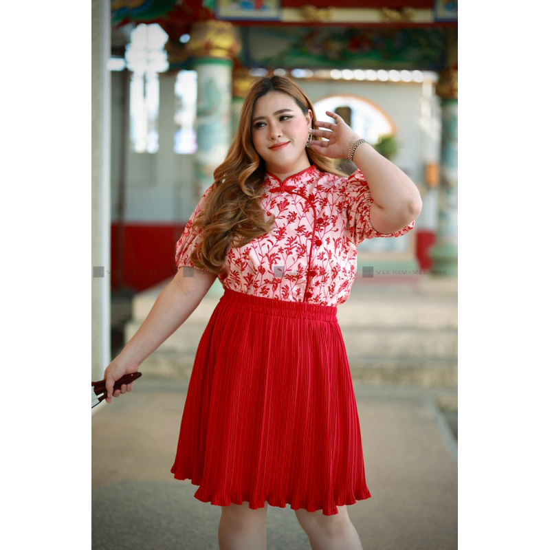 Red Pleated Skirt Fat Man Large Size Chinese New Year Dress plussize ...