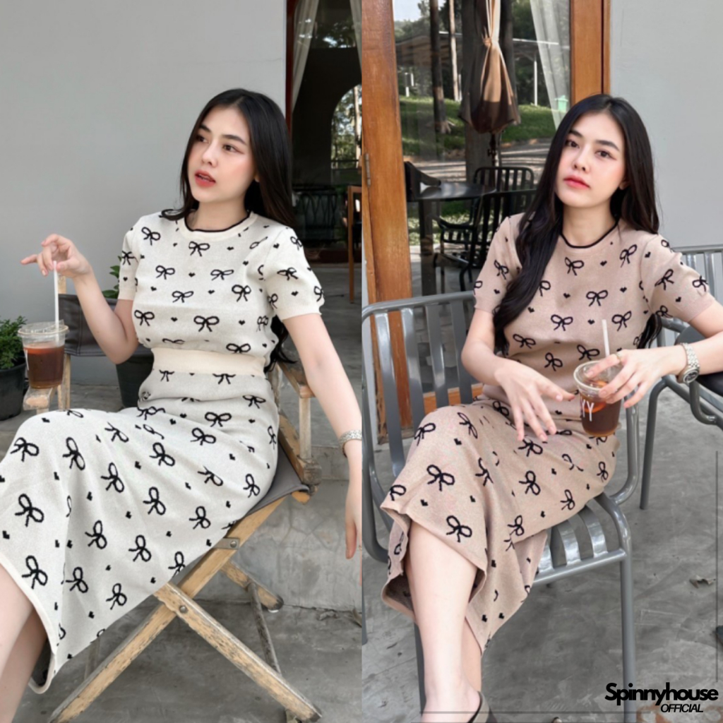 SpinnyHouse 2-Piece Set Silk Carpet Round Neckline Short-Sleeved Shirt + Long Skirt Cute Bow ...