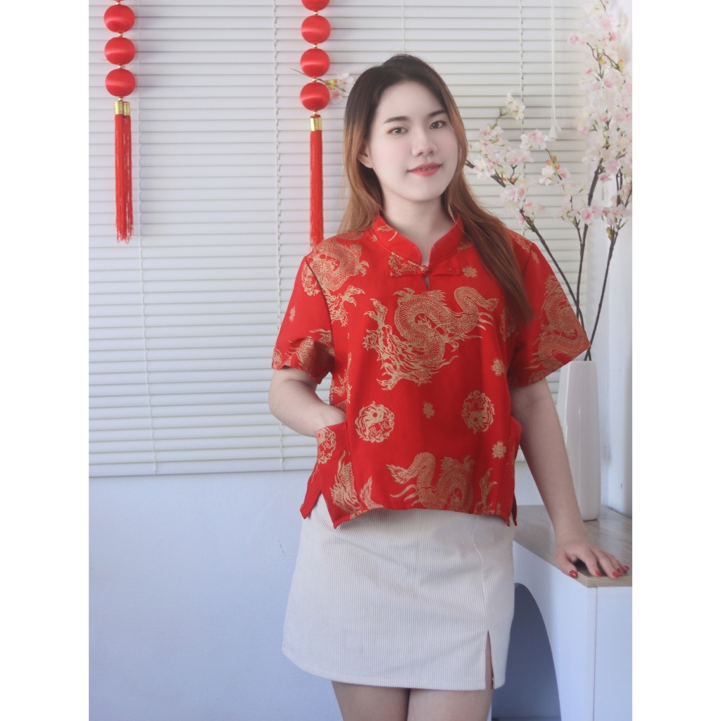 Chinese New Year Pattern Mandarin Collar Shirt For Women With Front ...