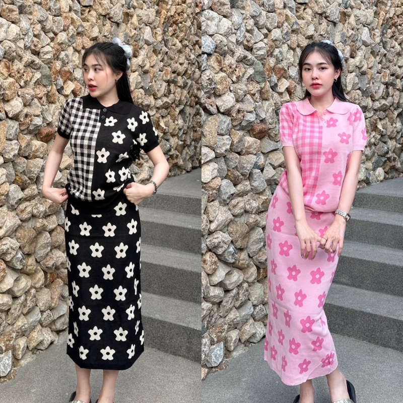 SpinnyHouse 2-Piece Set Short Sleeve Collar Shirt + Long Skirt Decorated With Cute Floral Print ...
