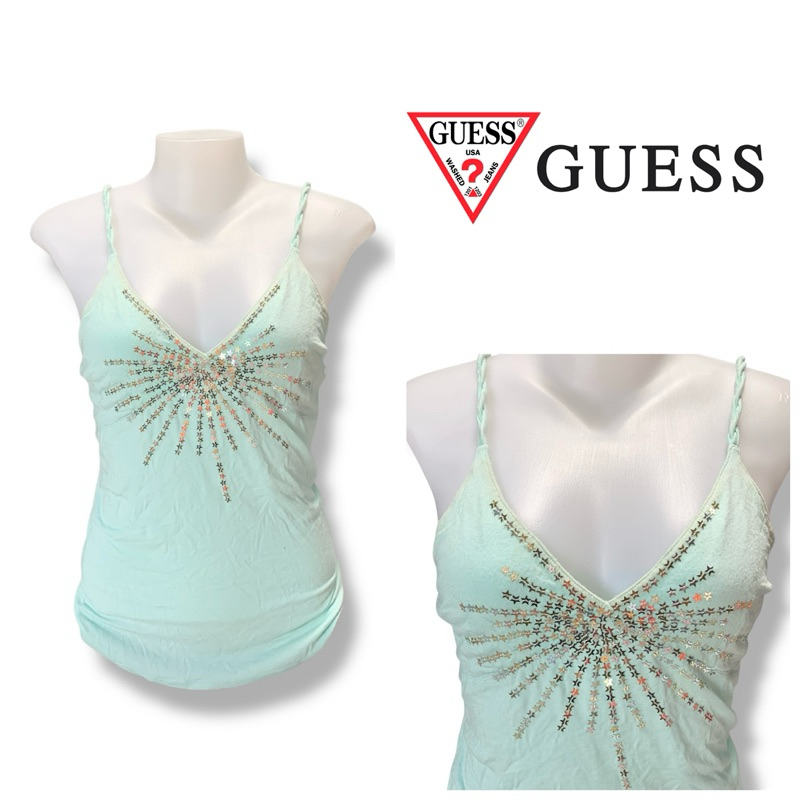 Guess (GC 353) Camisole Light Blue V-Neck Embroidered Stars Cell Defect ...