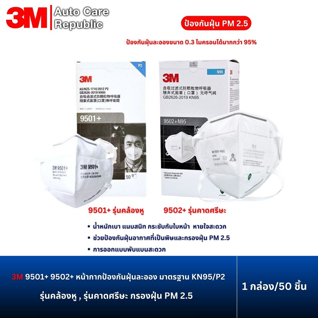 3M 9501+ 9502 + Earloop Dust Mask KN95/P2 Standard 2 Pieces/Pack (10 ...