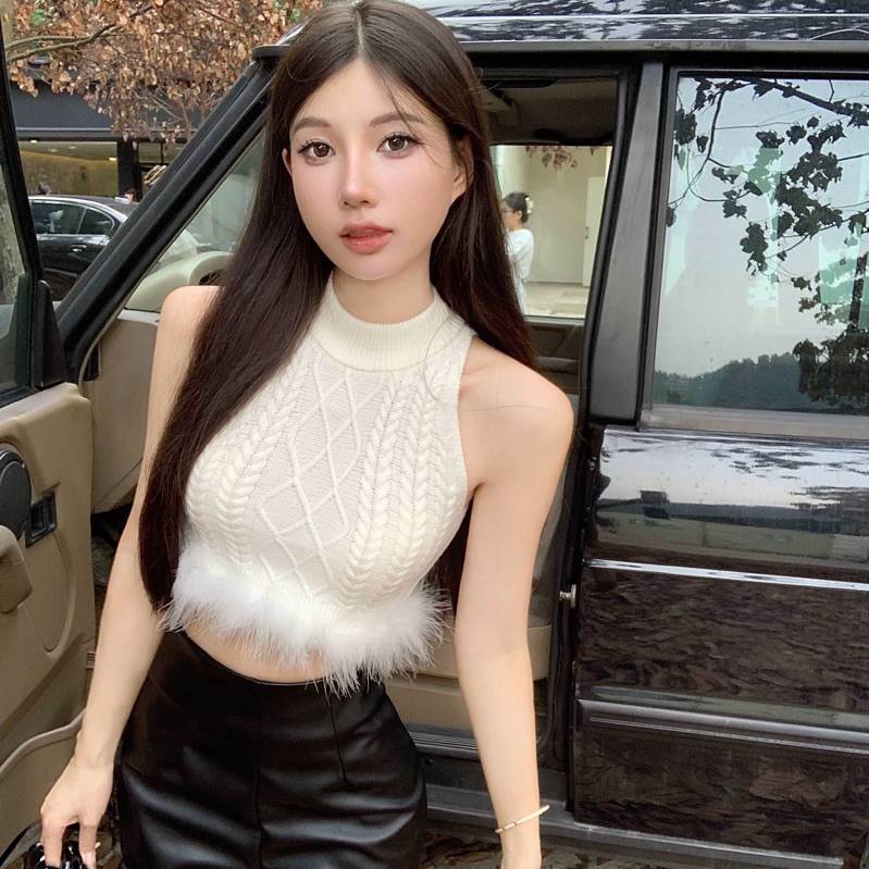 hotwind(207)เสื้อกล้ามไหมพรมแขนกุด ซิปหลัง คอเต่า แต่งขนๆ น่ารัก ดูแพงมาก | Shopee Philippines