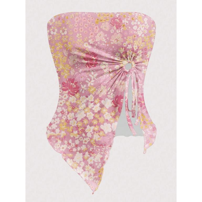 Pink Strapless Shirt Floral Pattern Mesh Fabric Pastel Color Sexy ...