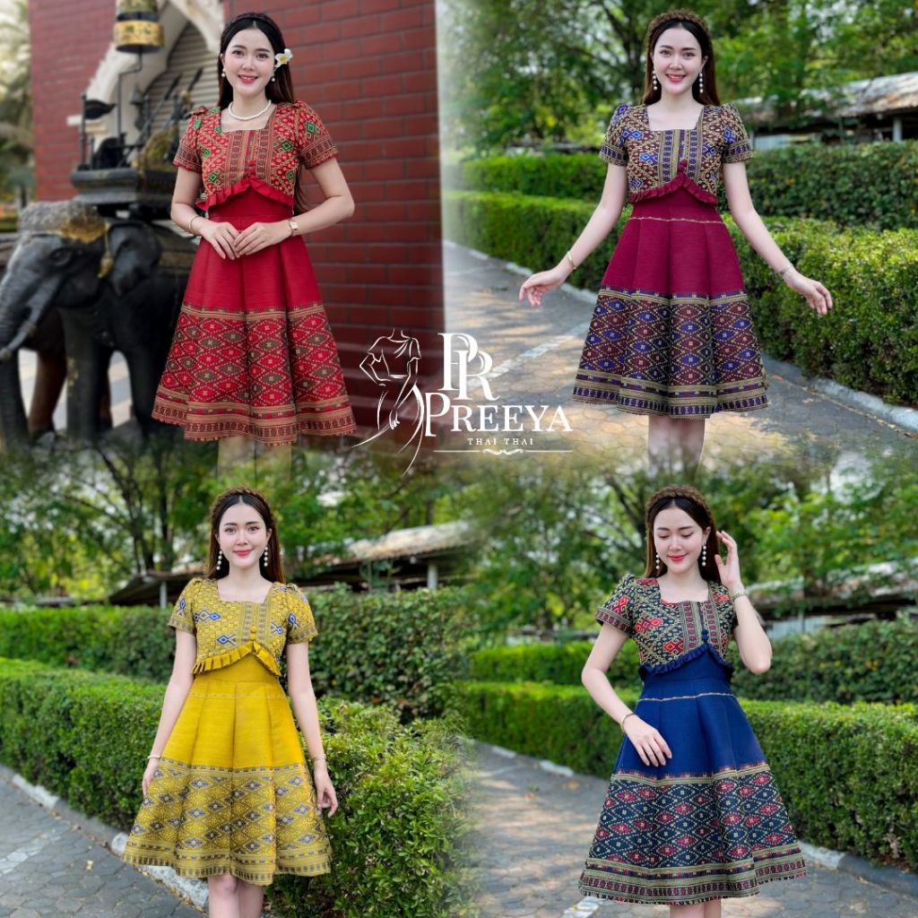 PR01 Silk Dress Gam Cotton Raised Sleeves Square Neck Thai | Shopee ...