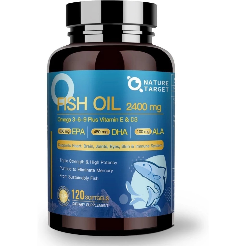NATURE TARGET Triple Omega 3 6 9 Fish Oil 2400mg Softgels with Vitamin ...