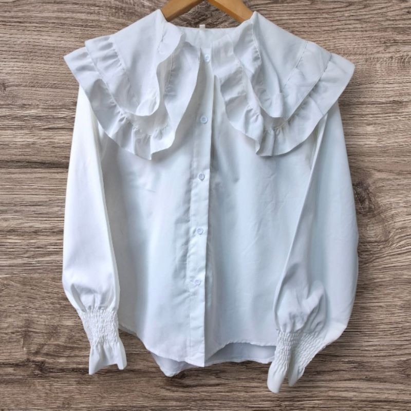 F882 White Shirt Double-Layer Collar Ruffled Long Sleeves Ribbed ...