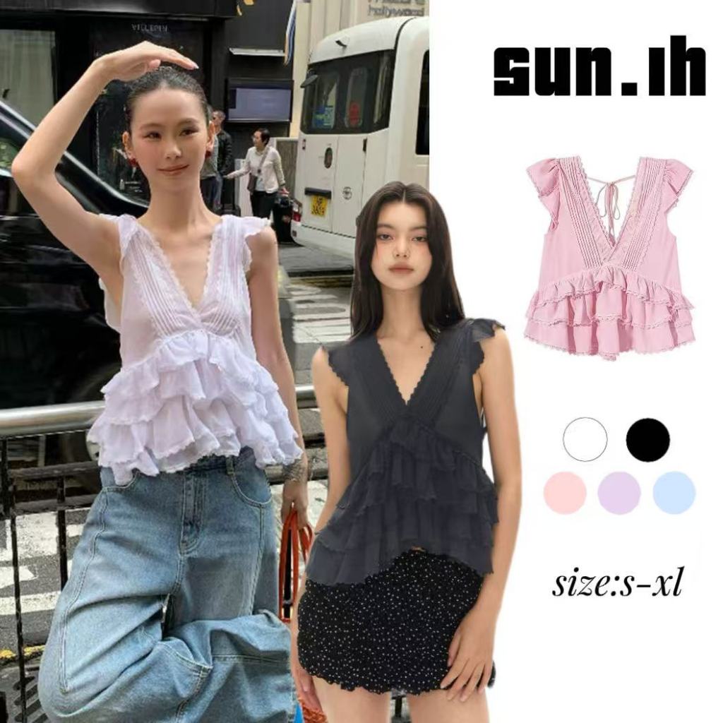 SUN ️ V-Neck Shirt Sleeveless Decorated With Lace Around The Body Back ...