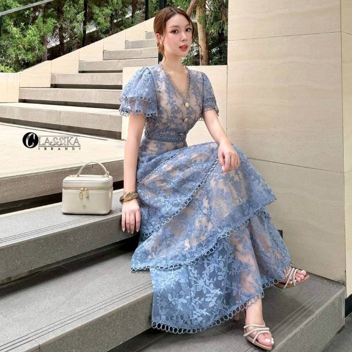 S-3XL Pastel Blue Lace Dress Layered Long Women's Wedding Bridesmaid ...