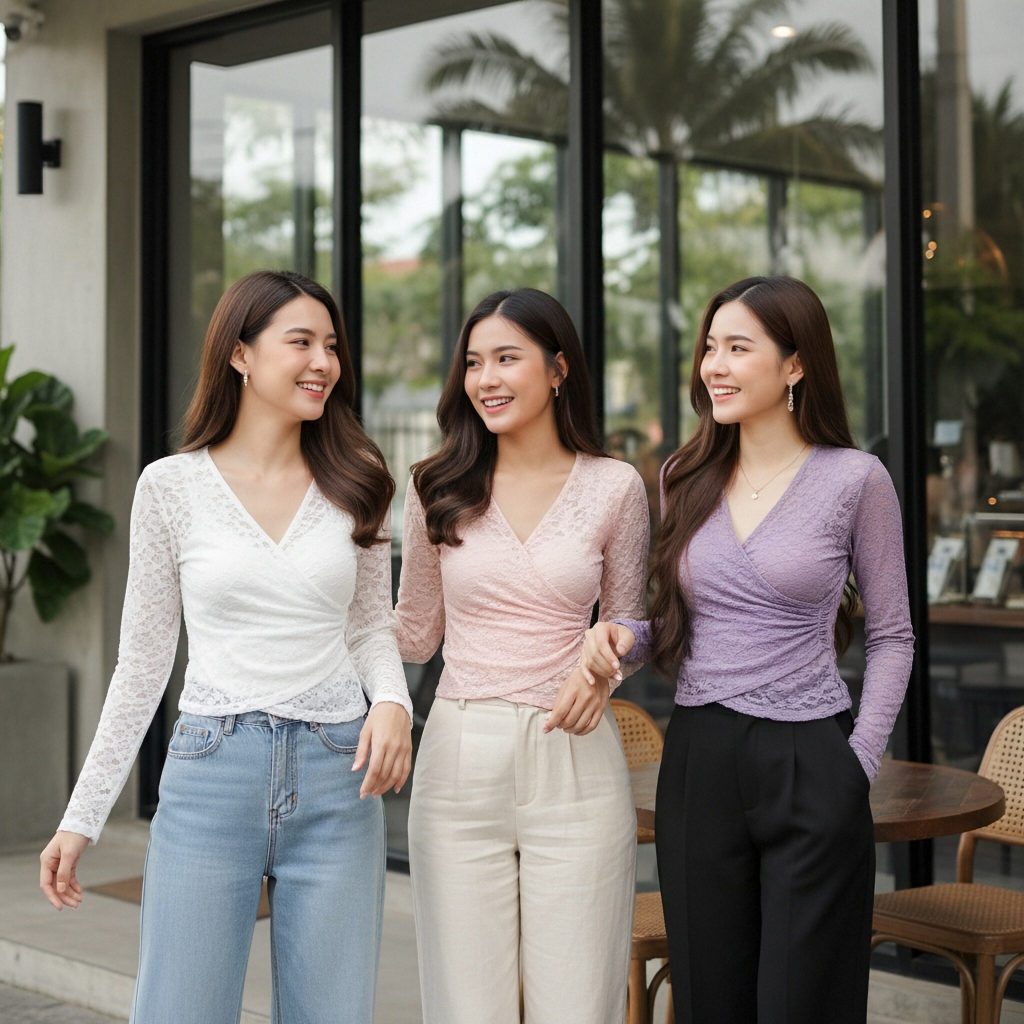 See-Through T-Shirt Soft Lace Fabric V-Neck Design Front Label Enhances ...