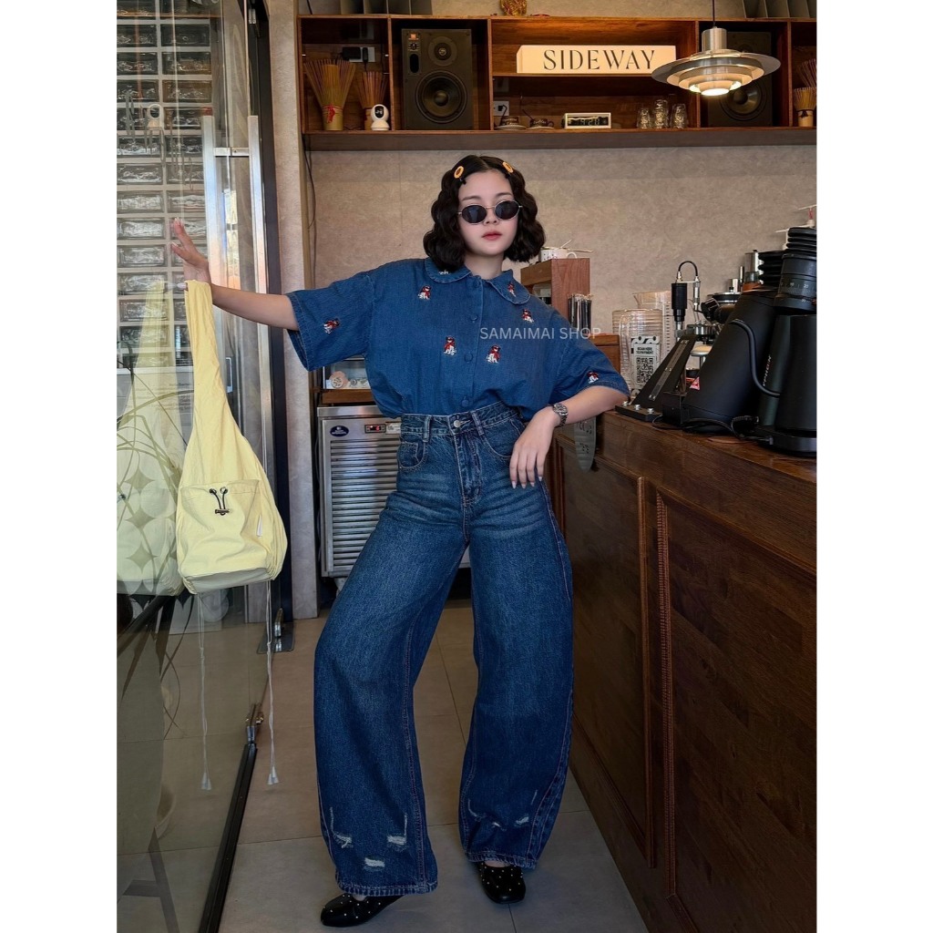 Dark Blue Balloon-Shaped Long Jeans Broken Side Scales 6228 | Shopee ...