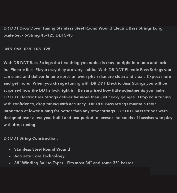 DR DDT Drop Down Tuning Stainless Steel Electric Bass Strings Long Scale Set-5-String 45-125 ...