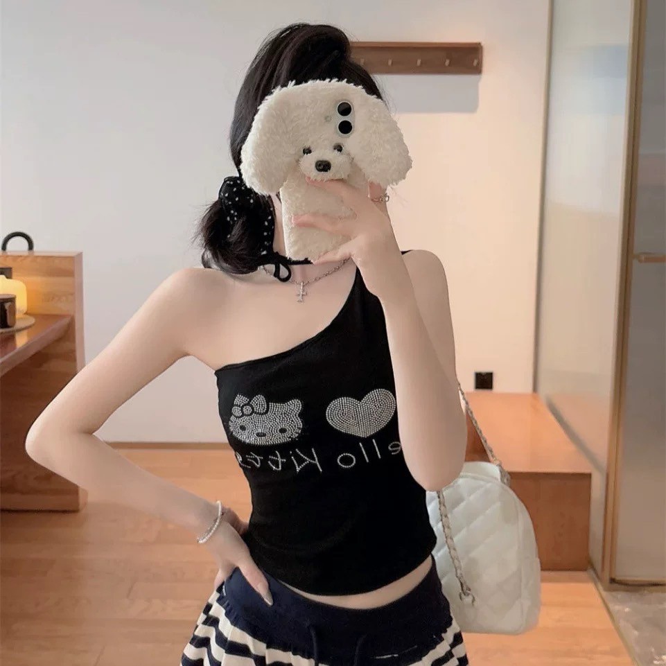 Bentoy bratop10148 Slanted Shoulder Tank Top Cute Cartoon Diamond ...