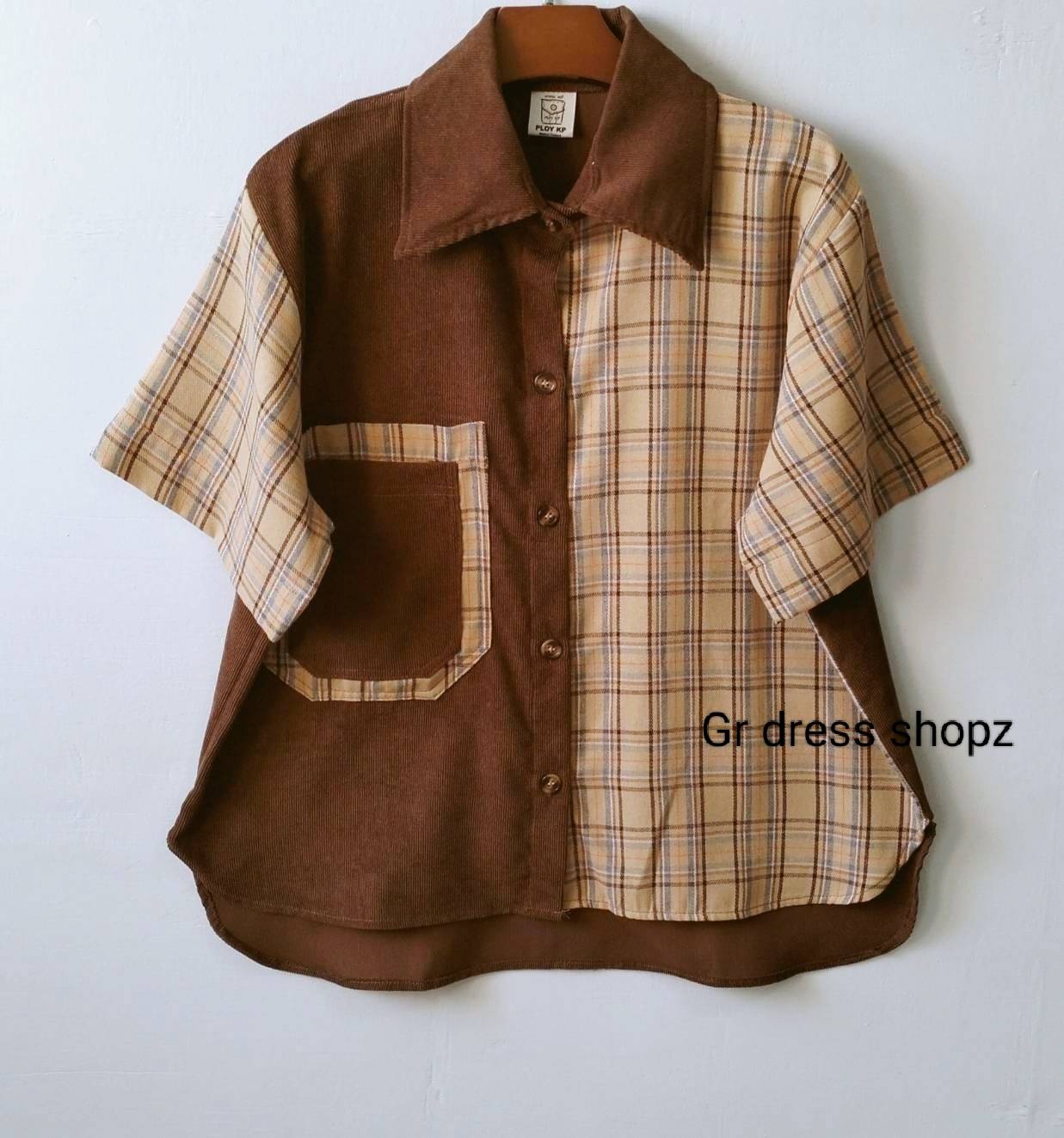 PLOY KP Label Two-Tone Corduroy Short-Sleeved Shirt Chest Size 46 Inches | Shopee Philippines