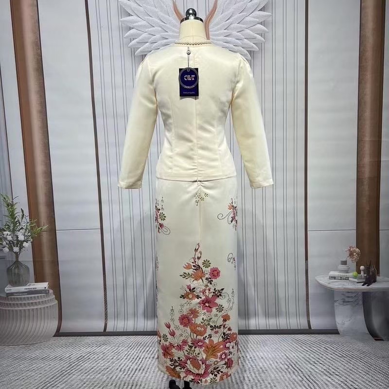 (S) CLT Thai Traditional Dress set 2 Pieces Shirt + Skirt Cloth Cream ...