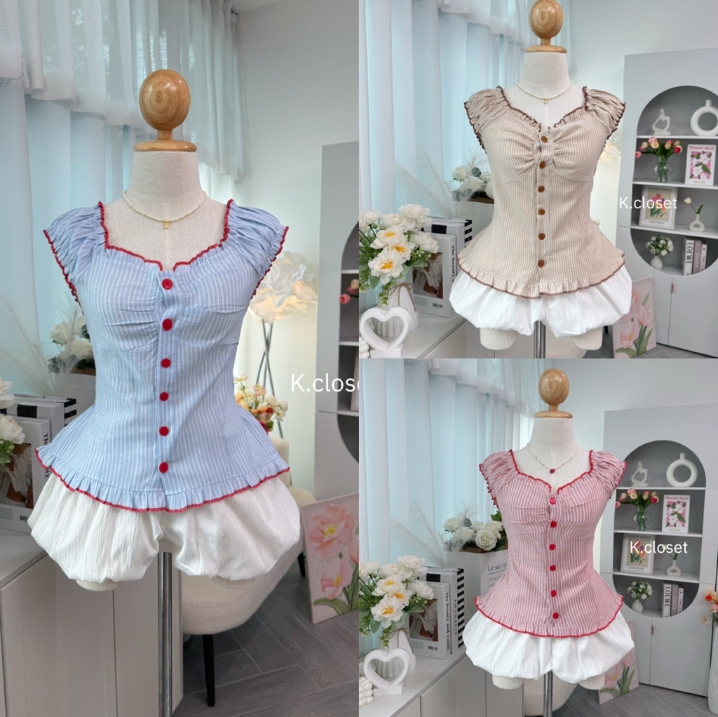 Lalin Puff Blouse Off-Shoulder Doll Sleeve Shirt Striped Fabric Can Be ...