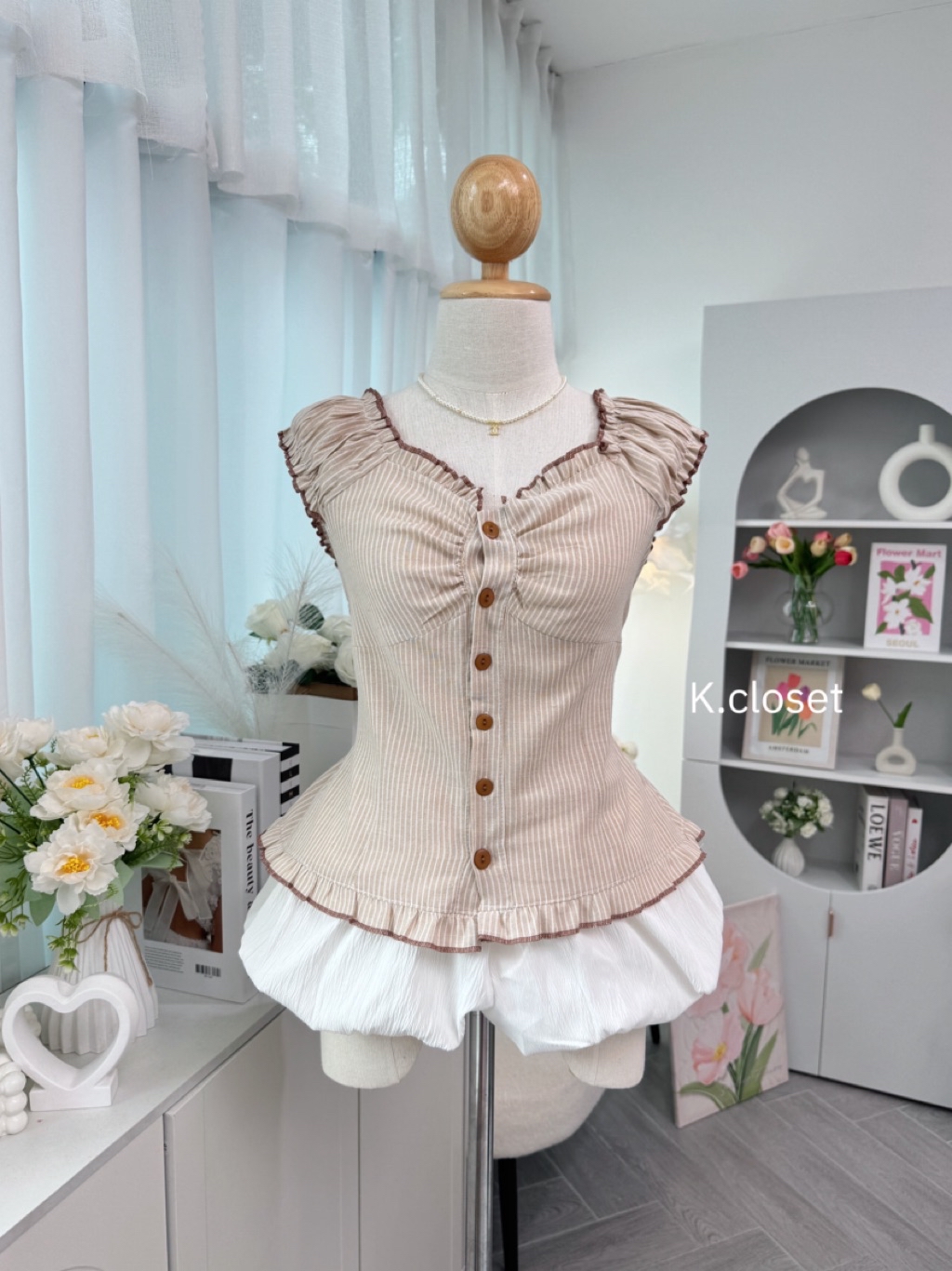 Lalin Puff Blouse Off-Shoulder Doll Sleeve Shirt Striped Fabric Can Be ...