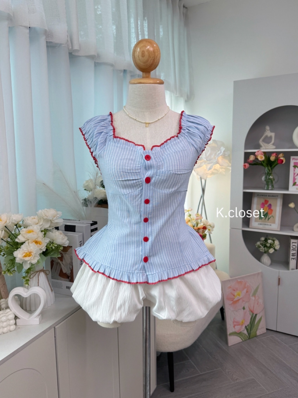 Lalin Puff Blouse Off-Shoulder Doll Sleeve Shirt Striped Fabric Can Be ...