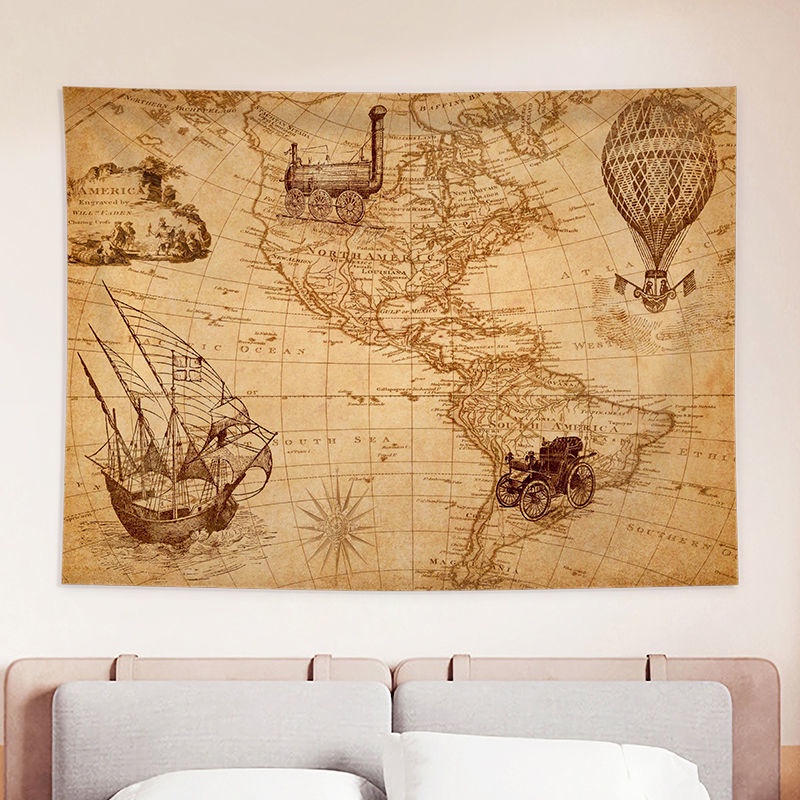 World Map Background Fabric Ins Hanging Cloth Retro Navigation Room ...