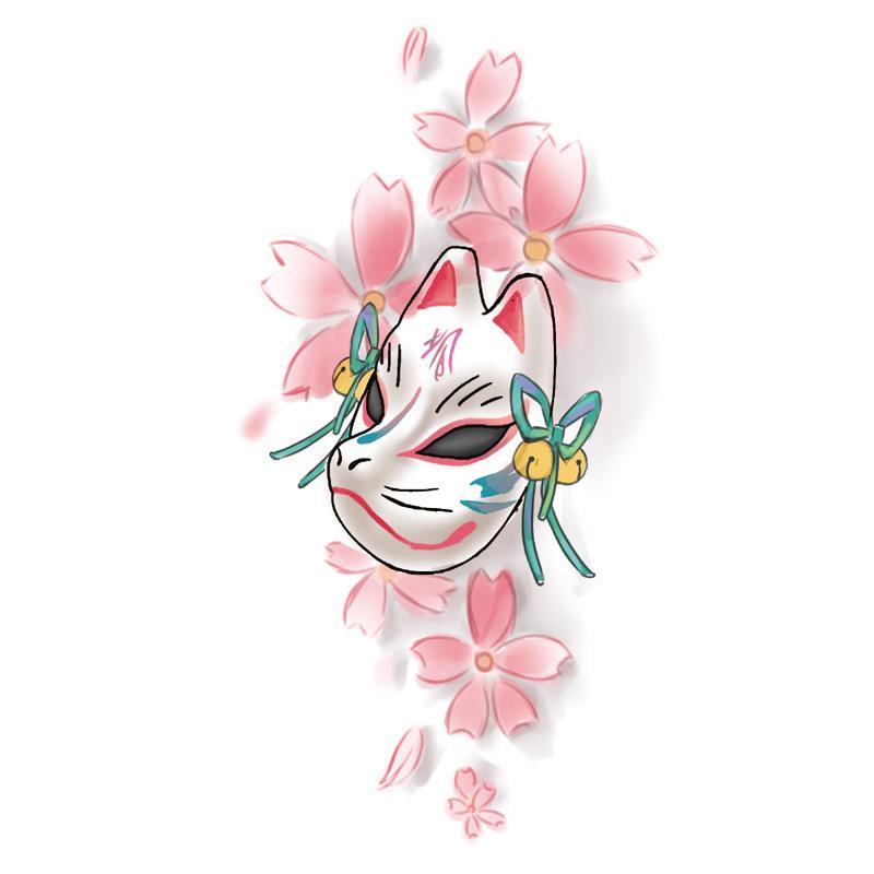 Anime Ukiyoe Cherry Blossom Fox Mask Temporary Tattoos Transfer Tattoo ...