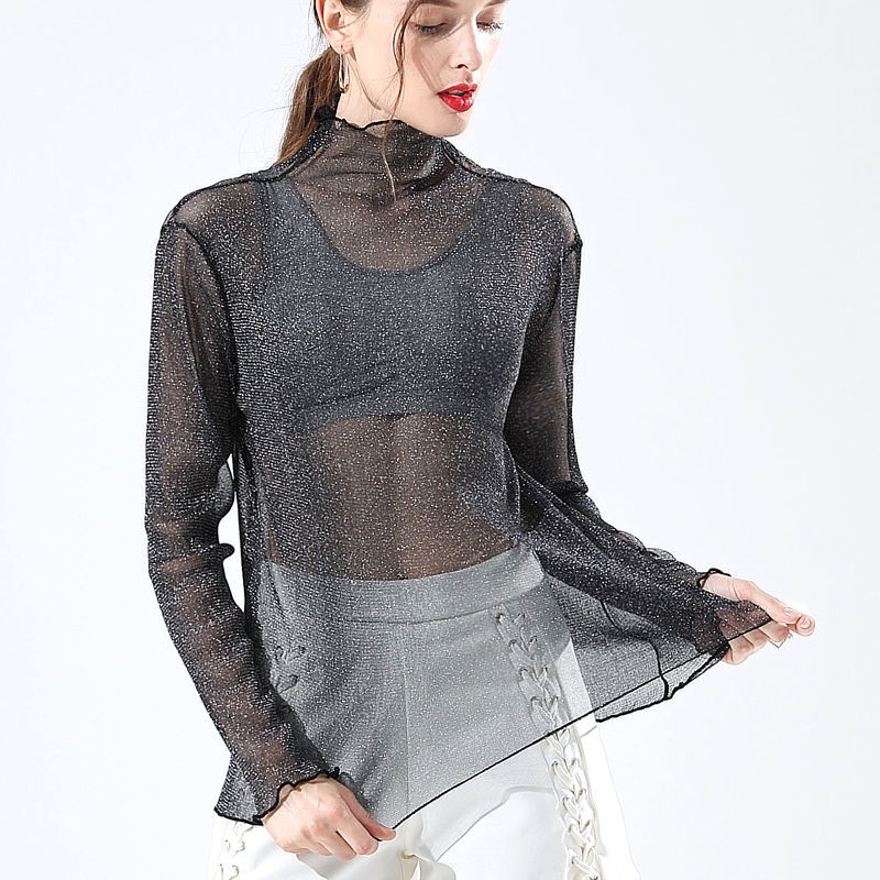 Sexy Mesh Shiny Long Sleeve T Shirt Women Spring Transparent Club Party ...